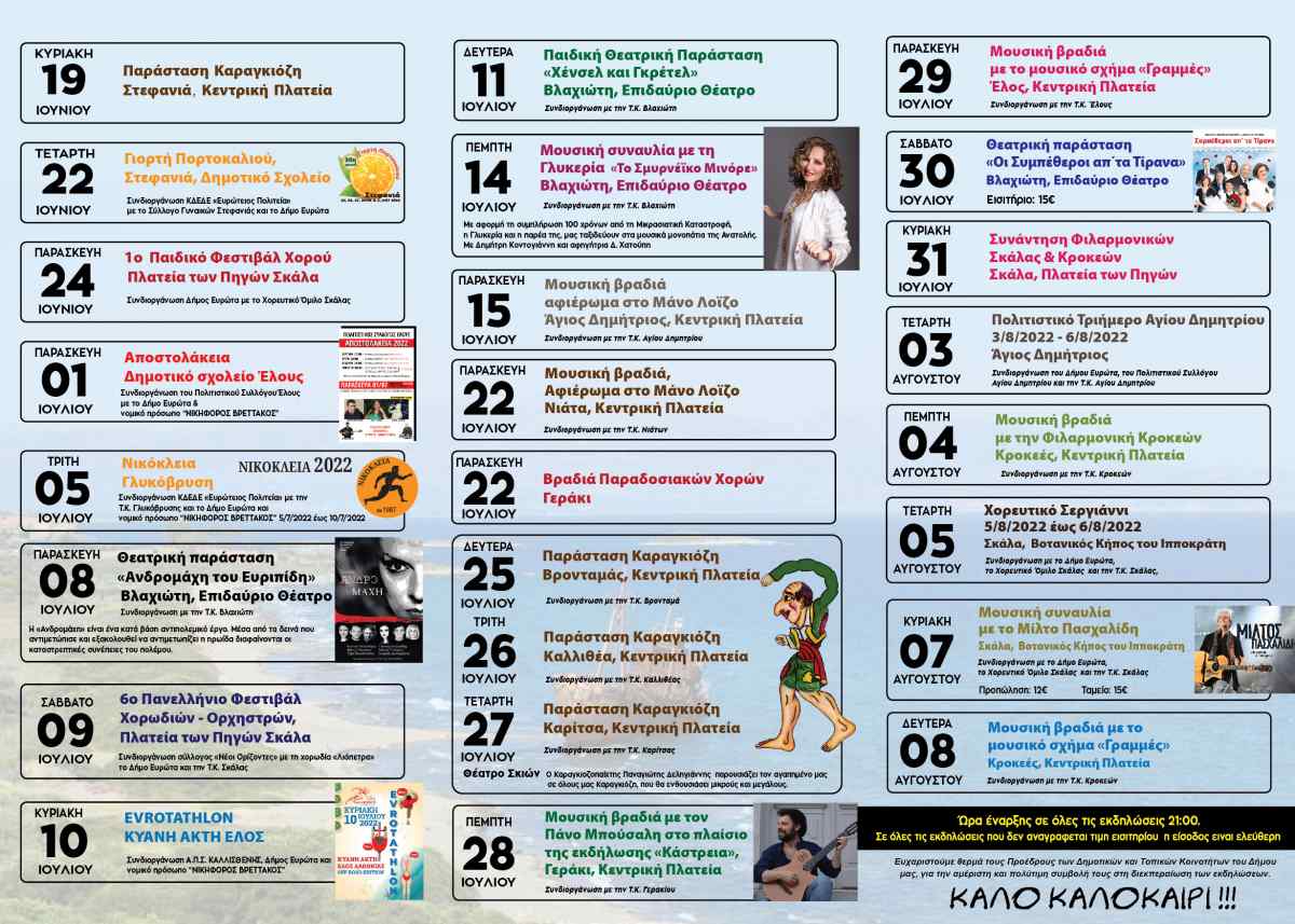 ΠΡΟΓΡΑΜΜΑ ΠΟΛΙΤΙΣΤΙΚΩΝ ΕΚΔΗΛΩΣΕΩΝ ΚΑΛΟΚΑΙΡΙ 2022 ΣΤΟ ΔΗΜΟ ΕΥΡΩΤΑ ...